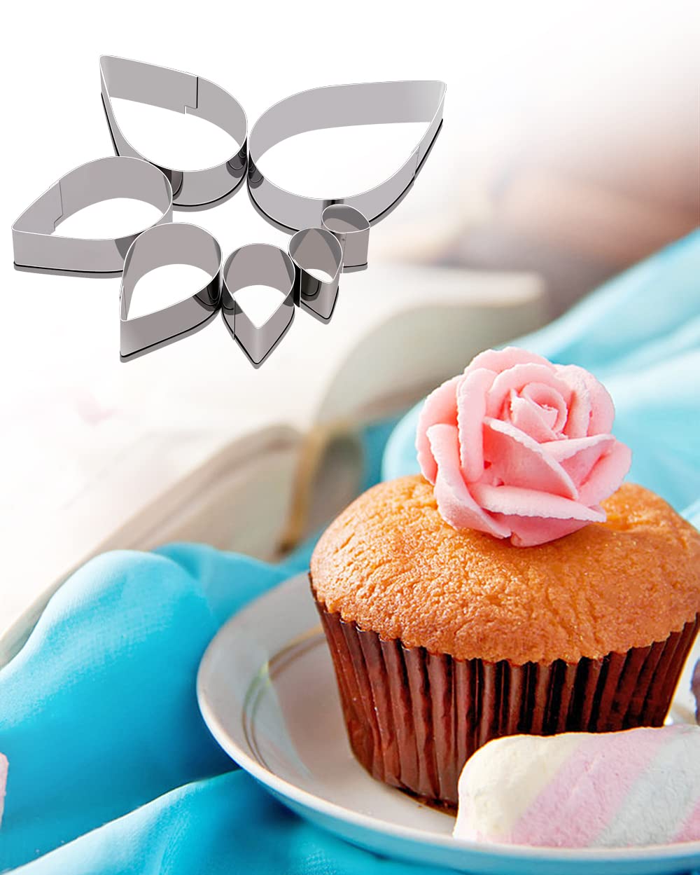 Rose Cutter Set Penta Angel 7Pcs Stainless Steel Flower Petal Fondant Teardrop Shaped Cake Cookie Pastry Baking Mold for Cupcake Topper Decoration (7)