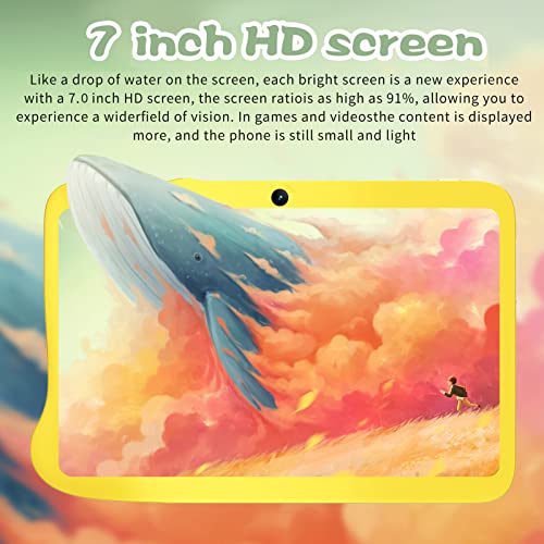 VINGVO 7in Kids Tablet, 100-240V HD Tablet 2.4G 5G Dual Band Front 2MP Rear 5MP 6000mAh Battery 4GB 128G Octa Core Processor Yellow for Android 10 for Reading (Yellow)