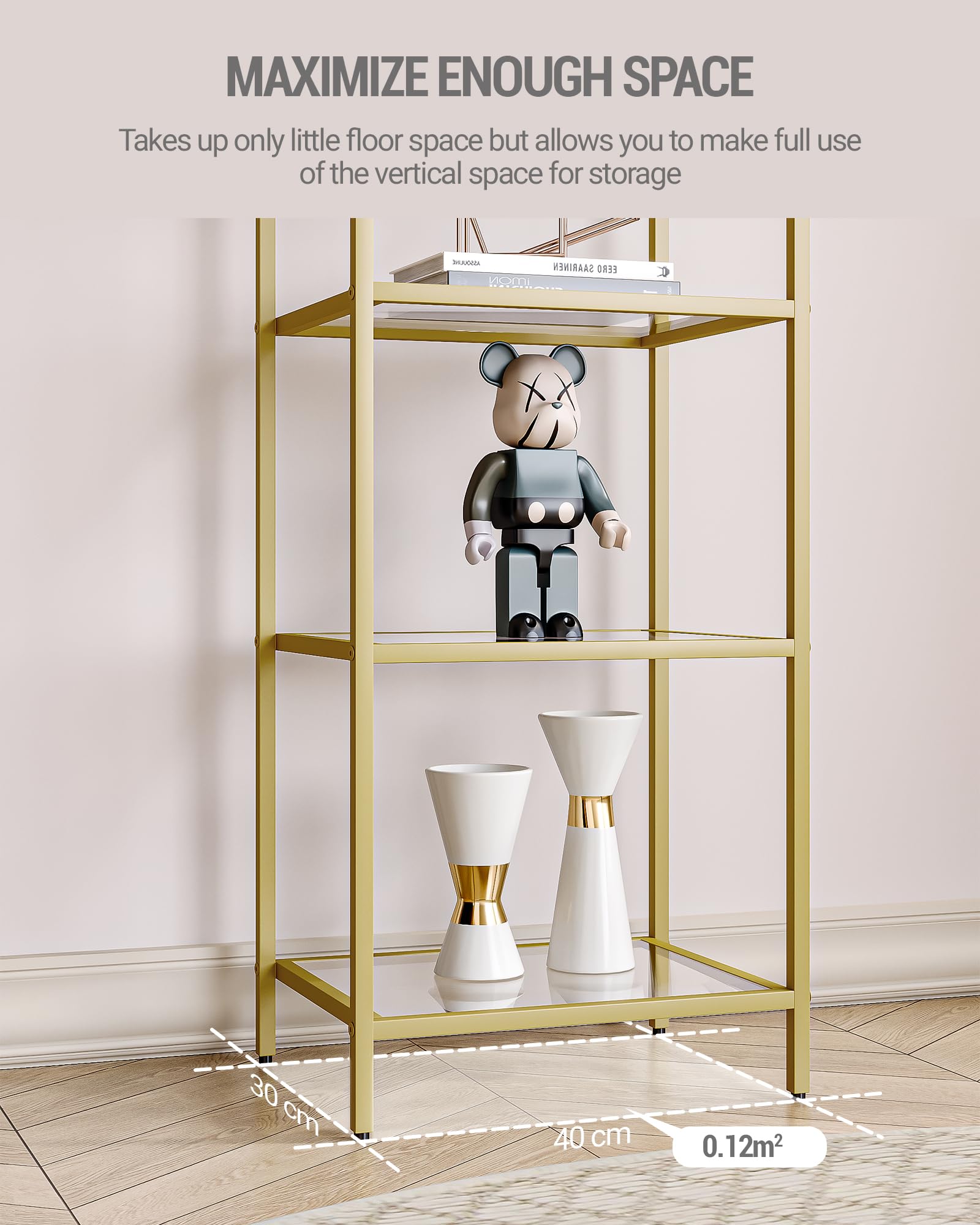 Hzuaneri Bookcase Bookshelf, Tempered Glass Bookshelves, Slim Shelving Unit for Bedroom, Bathroom, Home Office, Steel Frame, 5 Tier Gold BC05001G