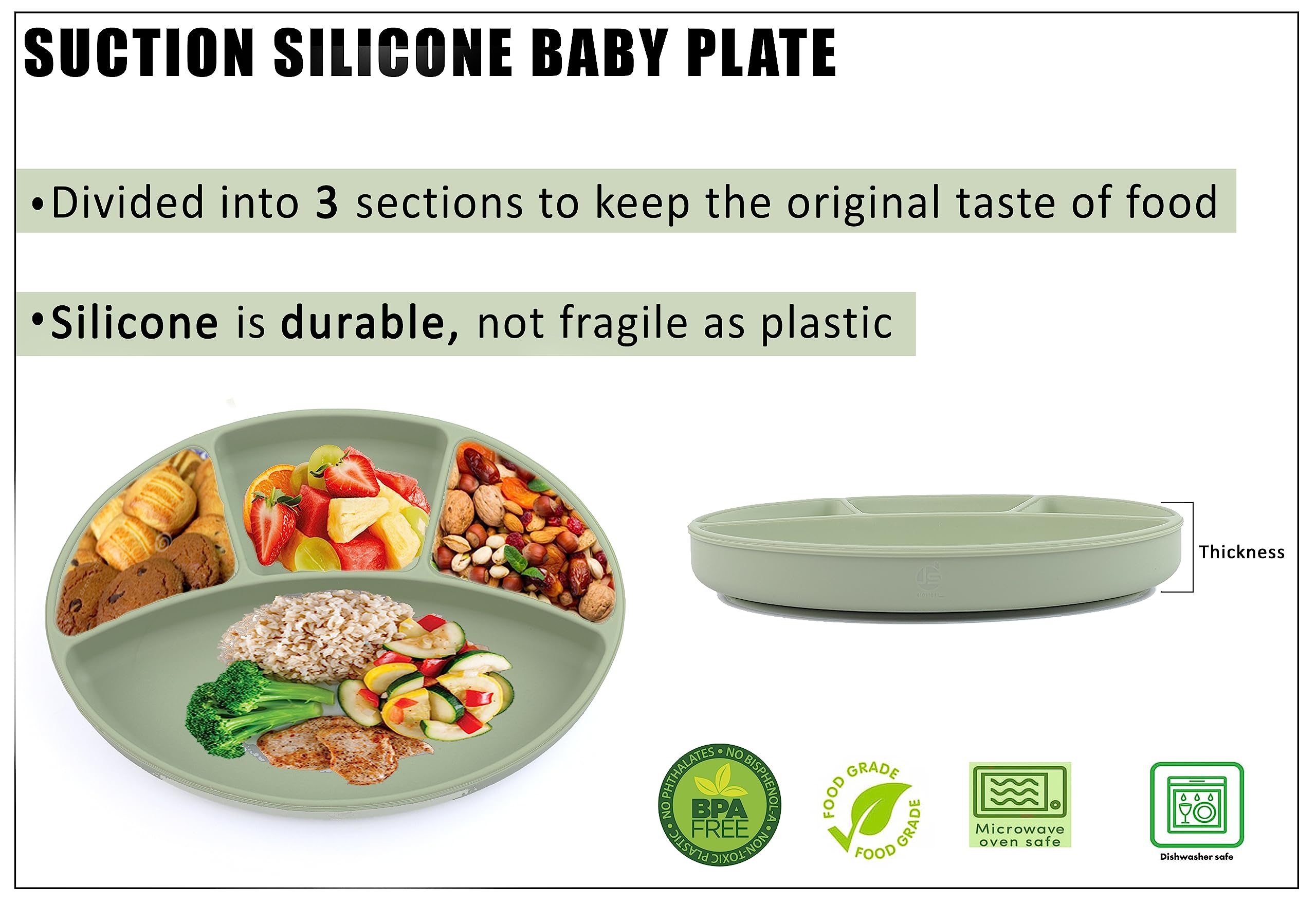 Silicone Feeding Utensils Set 8Pcs For Baby- Led Weaning Essentials-Divided Suction Plate-Lid-Bowl-Fork-Spoon-Adjustable Bib-2in1 Drinking + Snack Cup, Gift for Infant and Toddler (Oliver Green)