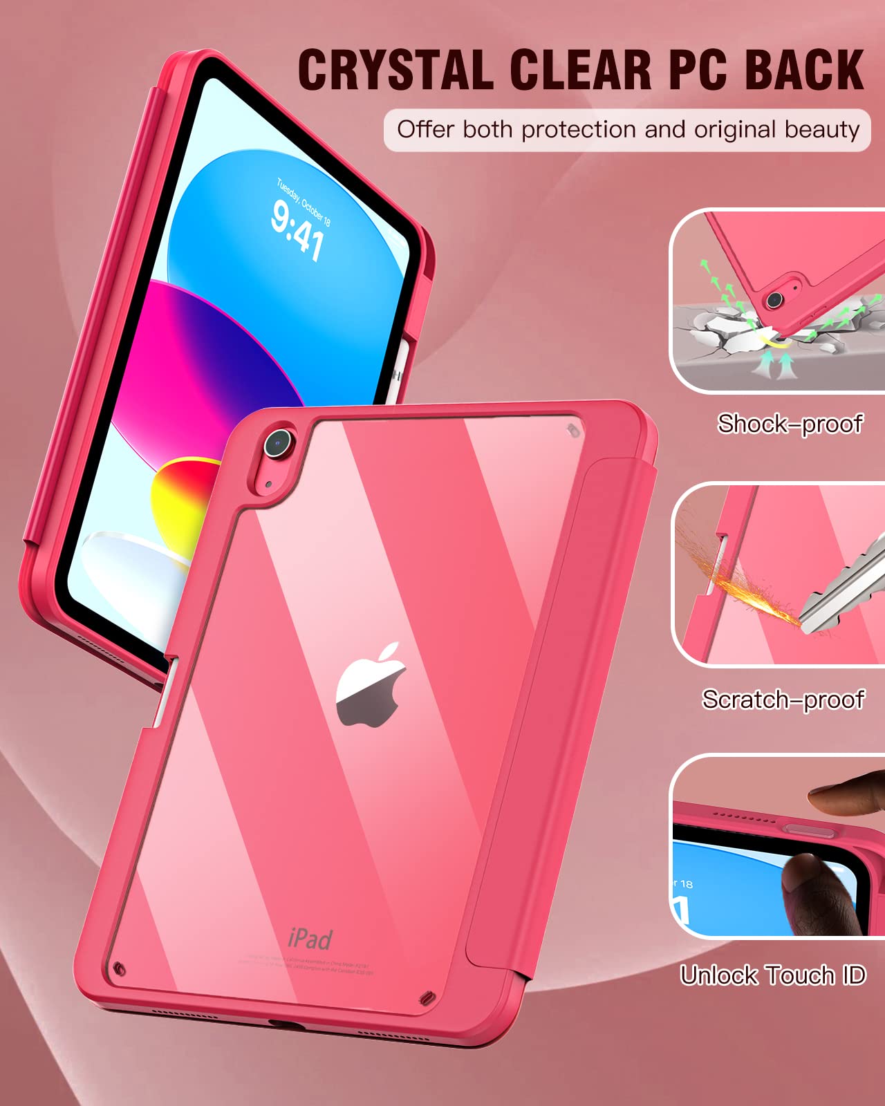 TiMOVO Case for iPad 10th Generation with Pencil Holder iPad 10.9 Inch Case 2022, iPad Case 10th Generation Hybrid Slim Tri-fold Stand Protective Cover with Clear Back for iPad 10, Watermelon Pink