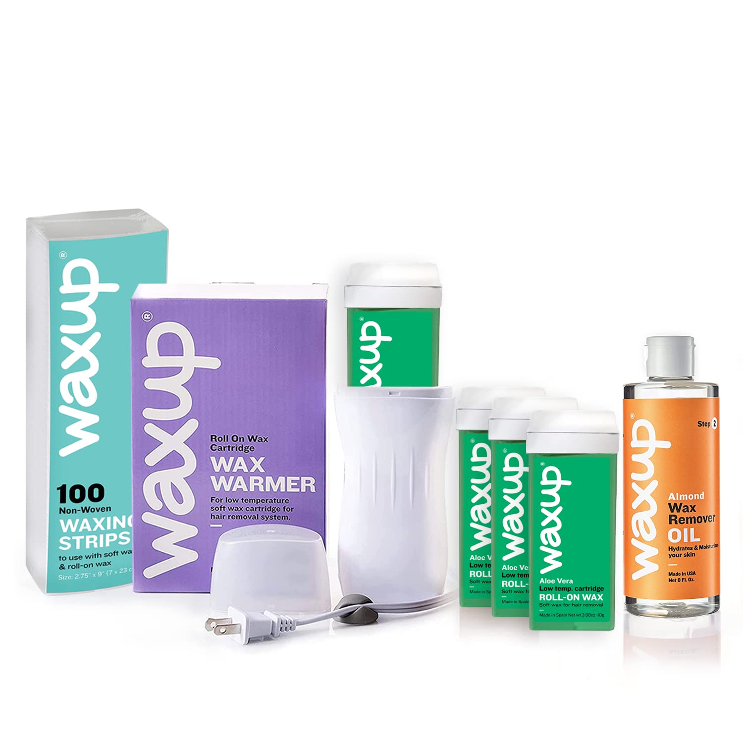 waxup Aloe Vera Roller Kit - Roll On Wax Heater, 4 Cartridges, 100 Strips, and Waxing Oil