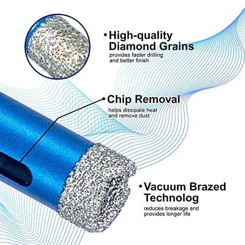 SALI Diamond Core Drill Bits Set 5pcs Tile Hole Saws Vacuum Brazed Hole Saw with 1/4 Inch Hex Shank for Glass Ceramic Porcelain Tiles Marble Brick Granite Quartz Fit Angle Grinders and Drill