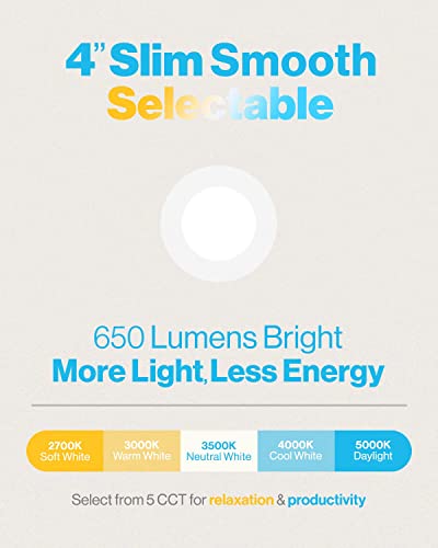 Sunco 6 Pack 4 Inch Slim LED Recessed Ceiling Lights, Selectable CCT 2700K/3000K/3500K/4000K/5000K, Dimmable, 10W, Canless with Junction Box - Energy Star ETL T24