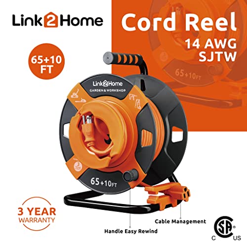 Link2Home Retractable Extension Cord Reel 75 Ft. With 4 Outlets & Heavy Duty/High Visibility 14AWG 3-Prong High SJTW Cord