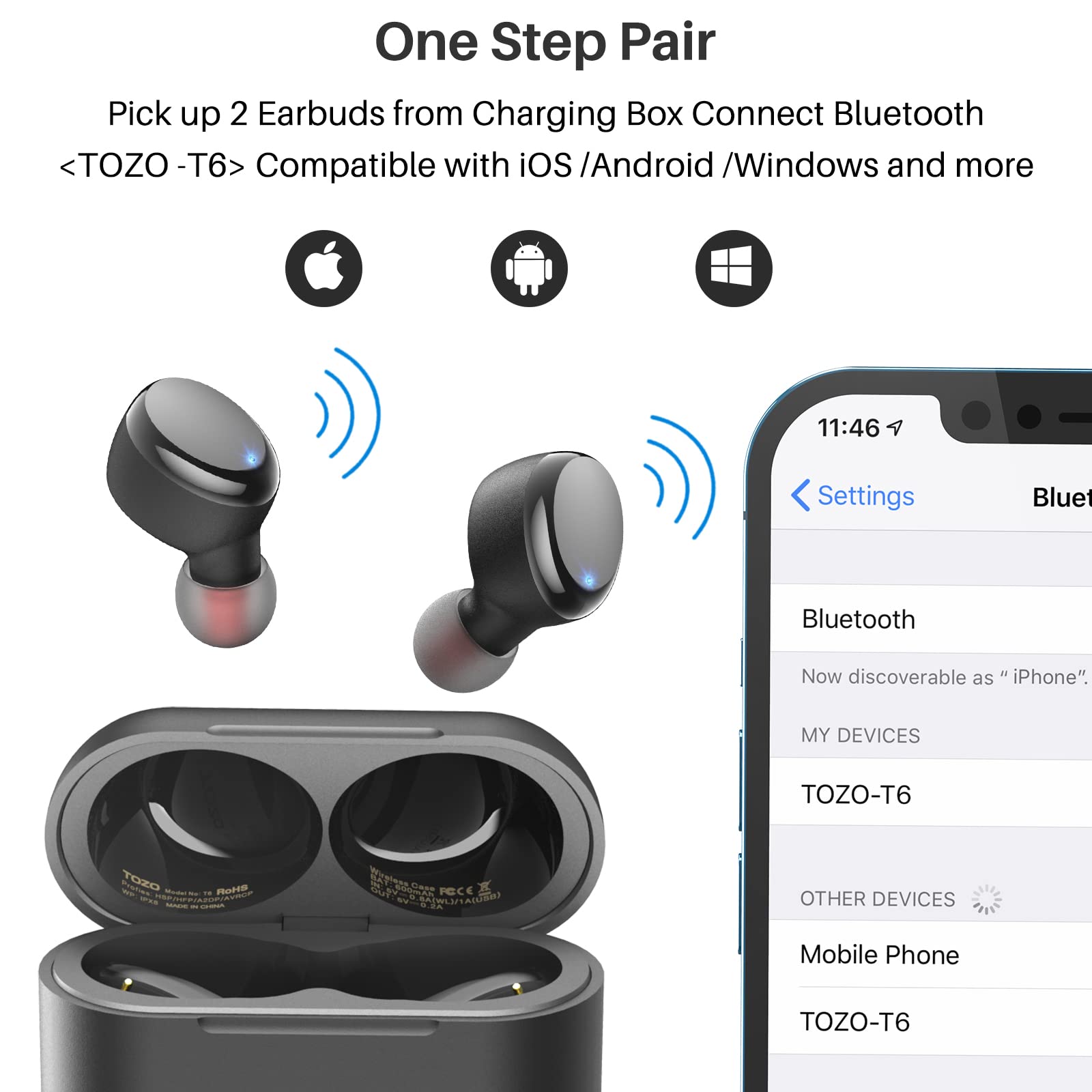 TOZO T6 True Wireless Earbuds Bluetooth 5.3 Headphones Touch Control Black S2 44mm 2023 Smart Watch Alexa Built-in Fitness Tracker Black