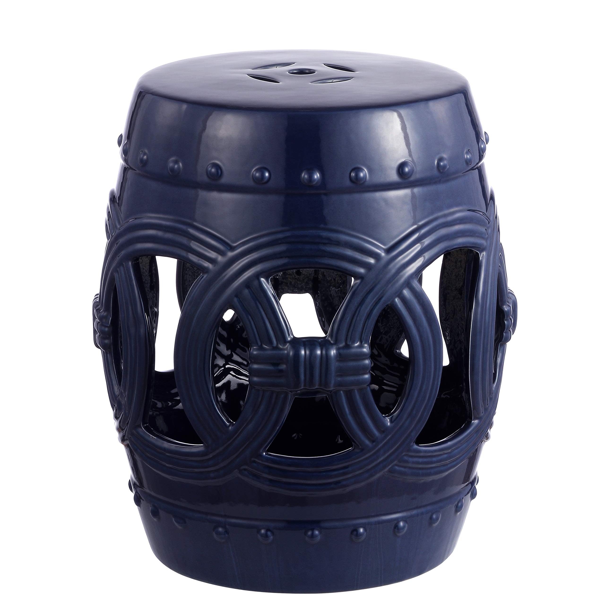 JONATHAN Y TBL1022B Lucky Coins 16" Chinese Ceramic Drum Garden Stool Bohemian, Coastal, Classic, Cottage, French Country, Traditional, Transitional, Side Table, Plant Stand, Spill-Proof, Navy
