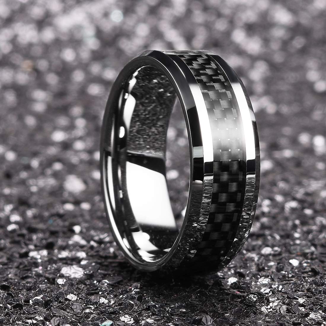 King Will GENTLEMAN Men's Black Tungsten Carbide 8mm Carbon Fiber Inlay Comfort Fit Wedding Band Ring 10