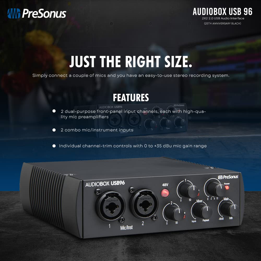 Presonus AudioBox 96 Ultra-Compact 2x2 Type-C USB Audio/MIDI Interface Bundle w/ Studio One Artist Software + Studio Magic plug-in Suite + Pro DJ Headphones + Pro Audio XLR Cables and more