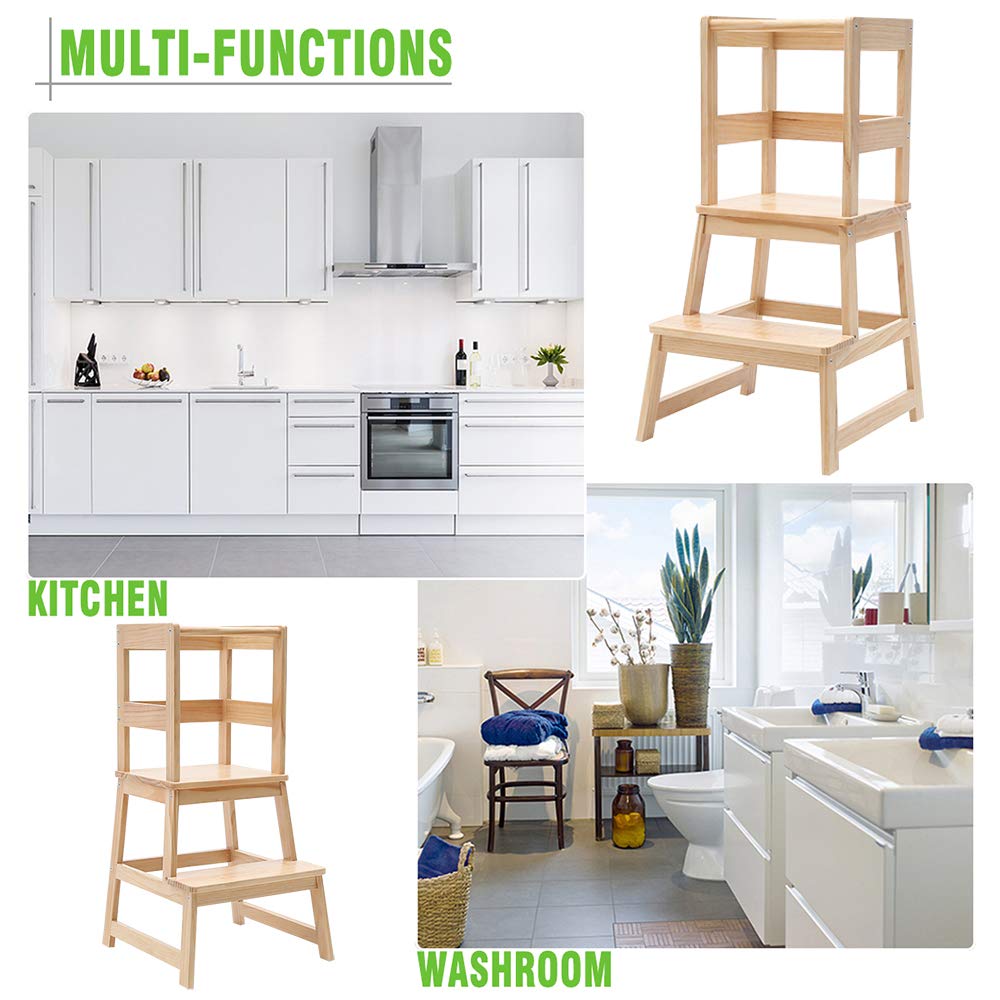 KATARUS Kitchen Step Stool for Kids and Toddlers with Safety Rail Children Standing Tower for Kitchen Counter, Step Up Learning Stool Monthers' Helper, Solid Hardwood Construction, Natural Finish