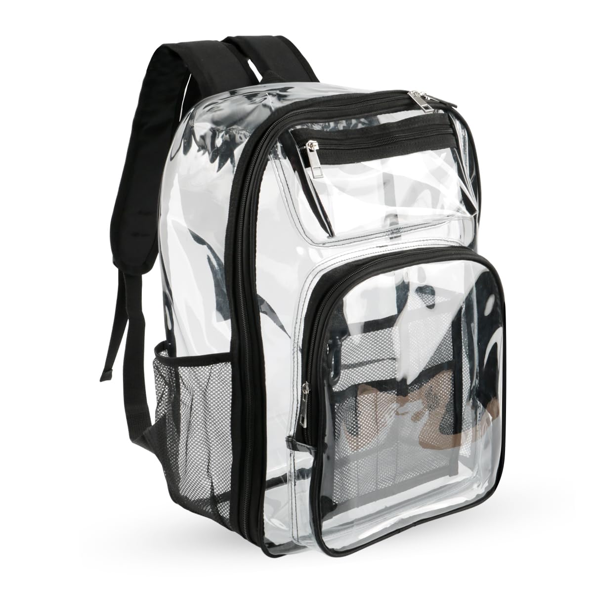 LEUCOTHEA Clear Backpack - Heavy Duty PVC Transparent Backpack for Adults, See Through With Reinforced Straps Backpack Clear Bookbag for School Sports Work Travel College Black Clear Backpack