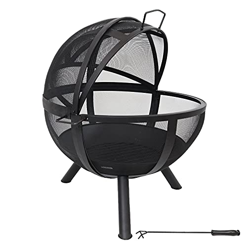 Sunnydaze Flaming Ball 30-Inch Wood-Burning Steel Fire Pit with Protective 200D PVC Cover and 16-Inch L Poker - Black