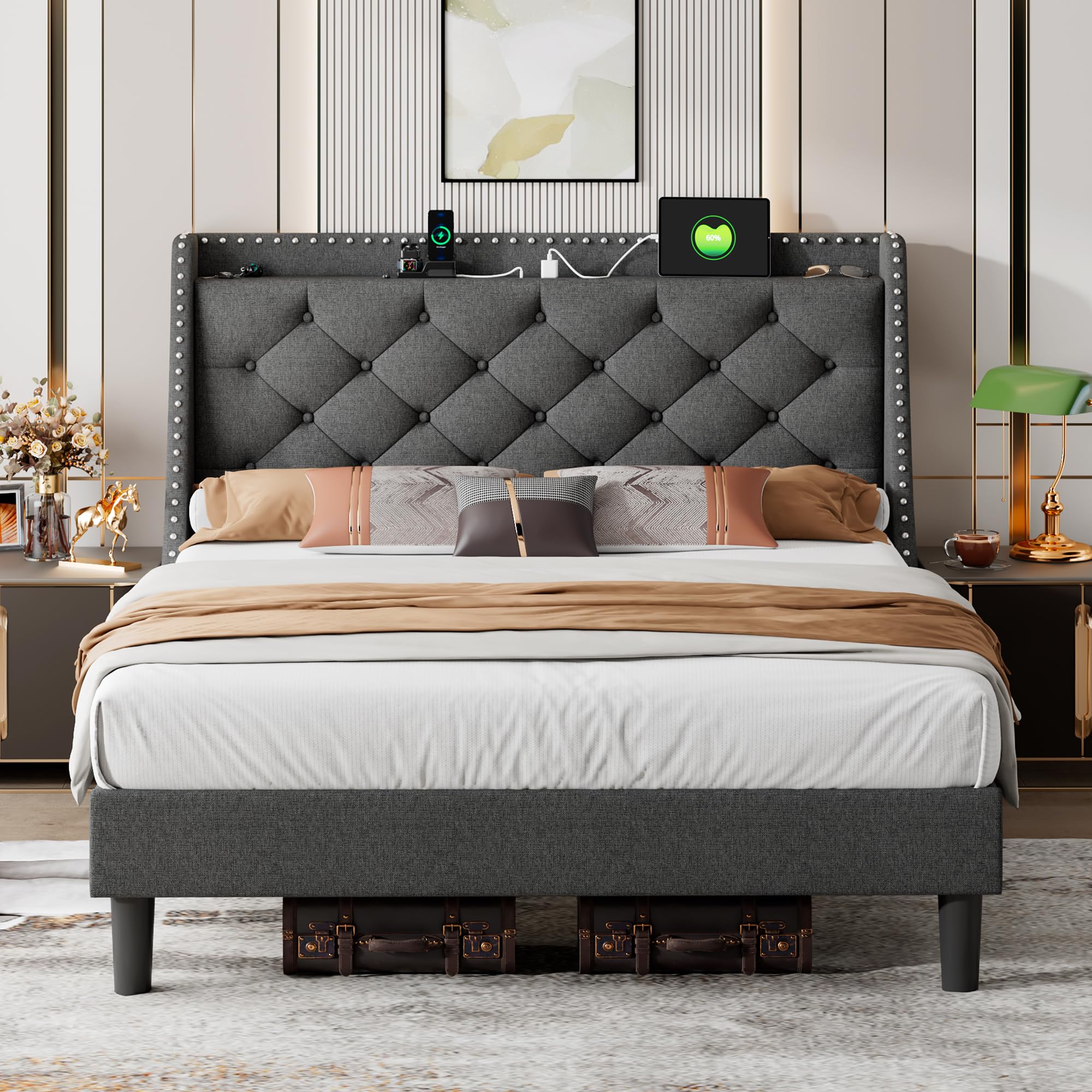 iPormis Full Bed Frame with 16" Deluxe Wingback & USB & Type-C Ports, Upholstered Platform Beds with Button Tufted Storage Headboard, Solid Wood Slats Support, No Box Spring Needed, Dark Grey