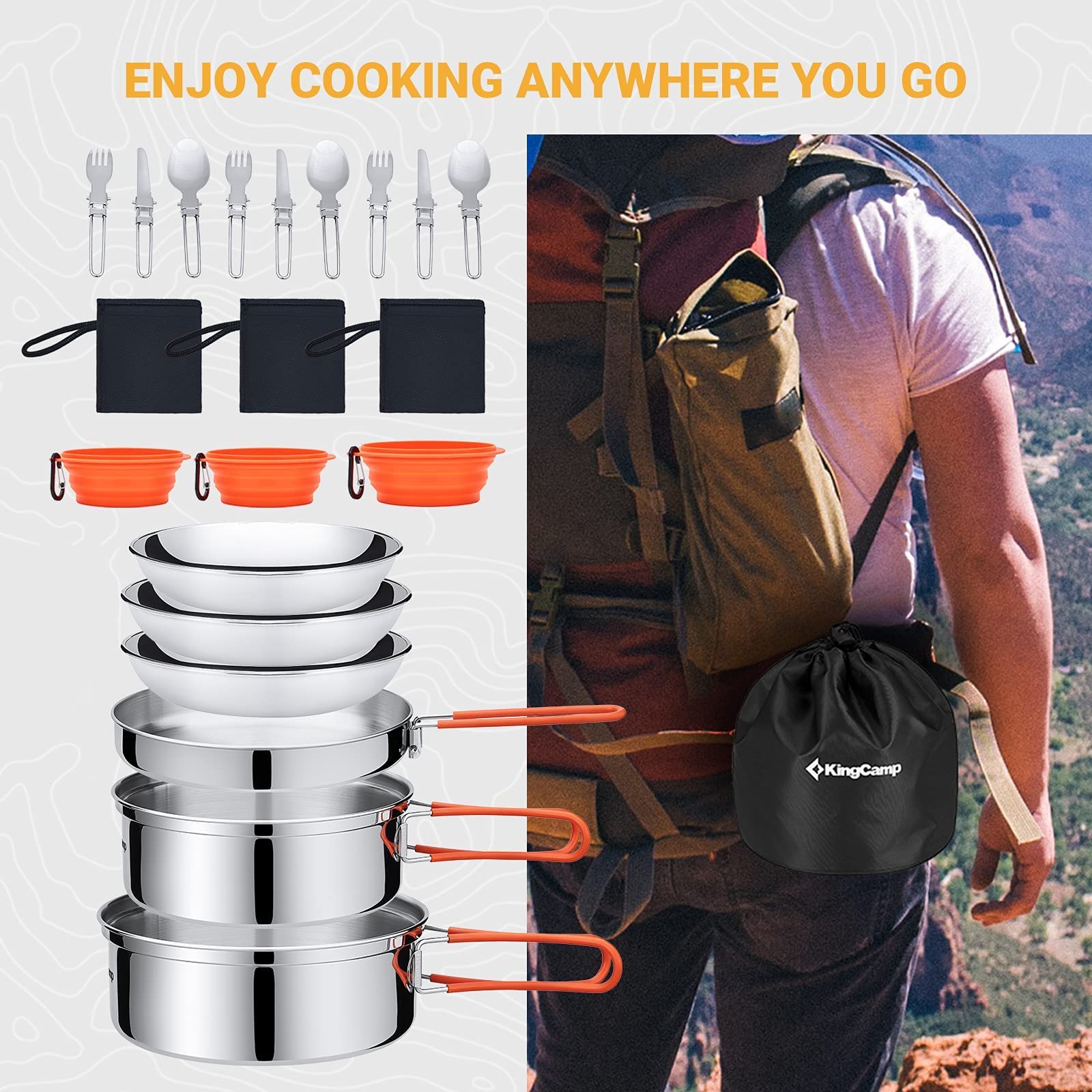 KingCamp 17 PCS Stainless Steel Camping Cookware Mess Kit Lightweight Compact Backpacking Cooking Set for Outdoor Picnic Hiking includes Pot Pan Bowls Plates Knife Spoon Fork 2 Persons