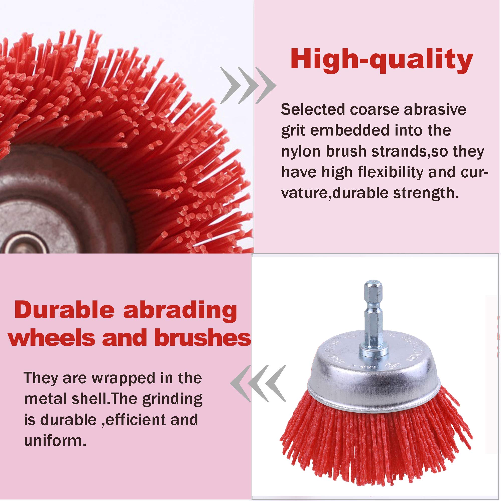 Rocaris 10 Pack Nylon Filament Abrasive Wire Brush Wheel & Cup Brush Set with 1/4 Inch Hex Shank, for Removal of Rust/Corrosion/Paint