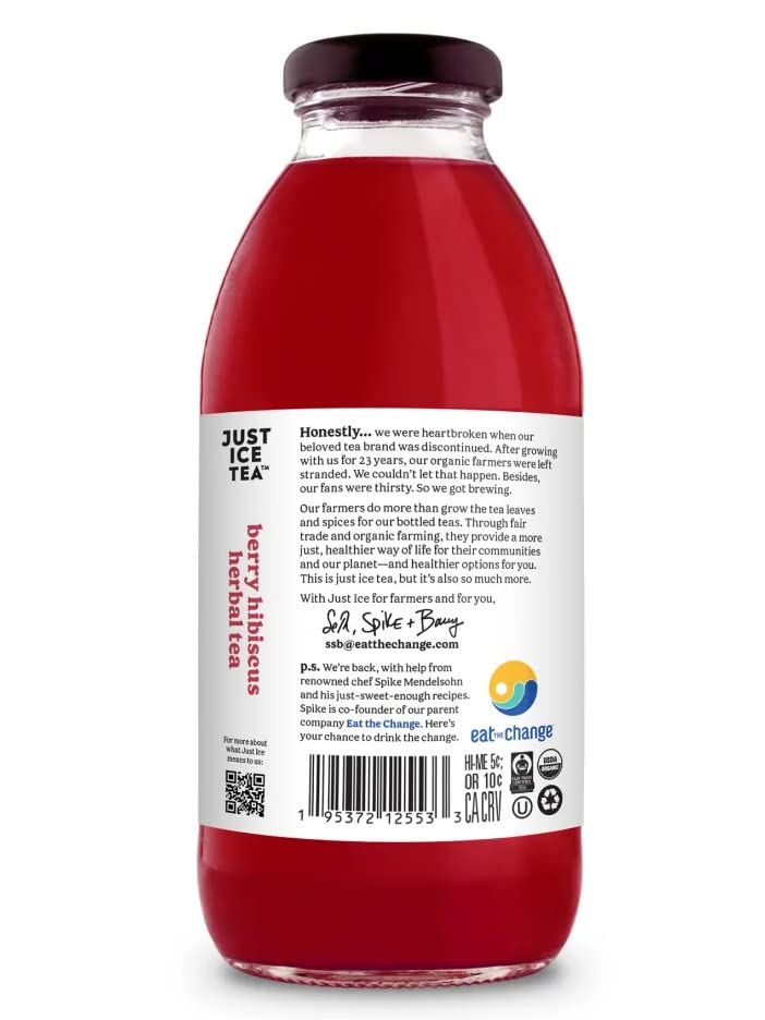 Just Ice Tea Organic Iced Tea, 16 Fl Oz Glass Bottles (Berry Hibiscus Herbal Tea, Pack of 12)