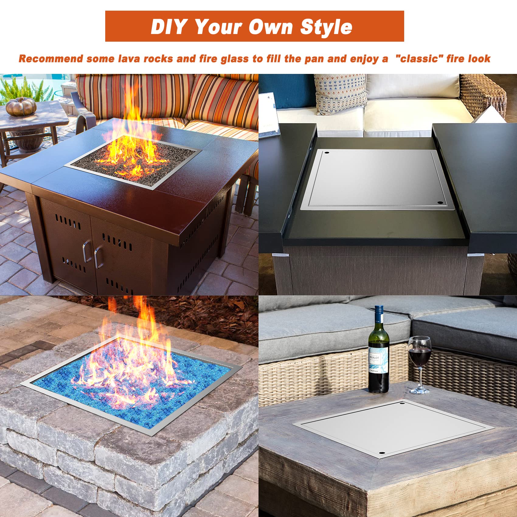 Skyflame 12 inch Square Stainless Steel Drop in Fire Pit Burner Pan with Burner Ring and Protective Cover, Outdoor DIY Firepit Kit for Both Natural Gas and Liquid Propane