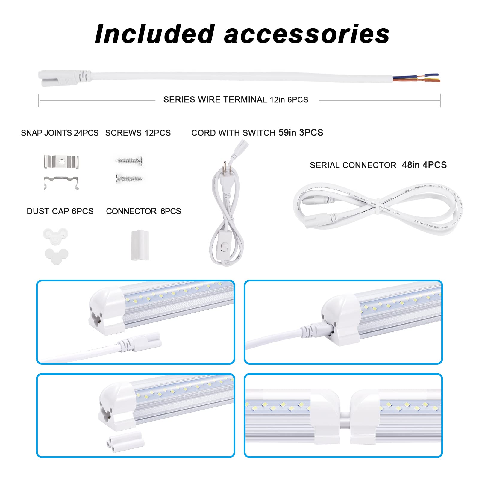 JOMITOP 8 Ft Integrated LED Tube Light 120W T8 V Shaped 96" Four Row 14400 Lumens(300W Fluorescent Equivalent) Clear Cover Super Bright White 6500K Pack of 6