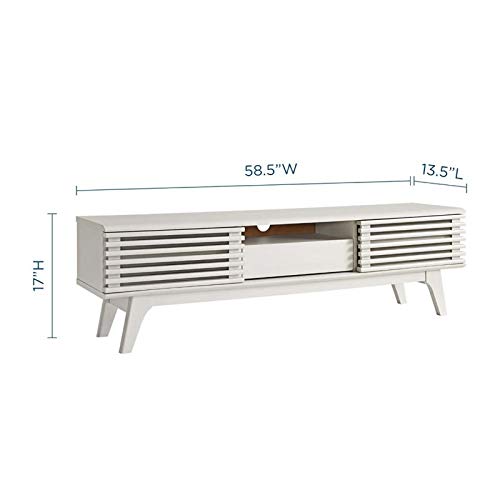 Levan Home Mid Century Modern Low Profile 59" Retro TV Stand with Slatted Shelves in White