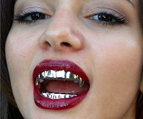 Lingduan 18K Gold Plated Hip Hop Removeable Mouth Grillz Set Removeable Fake Teeth Set Top and Bottom Denture Halloween Vampire Teeth Silver Flat Fake Teeth Set (Silver)