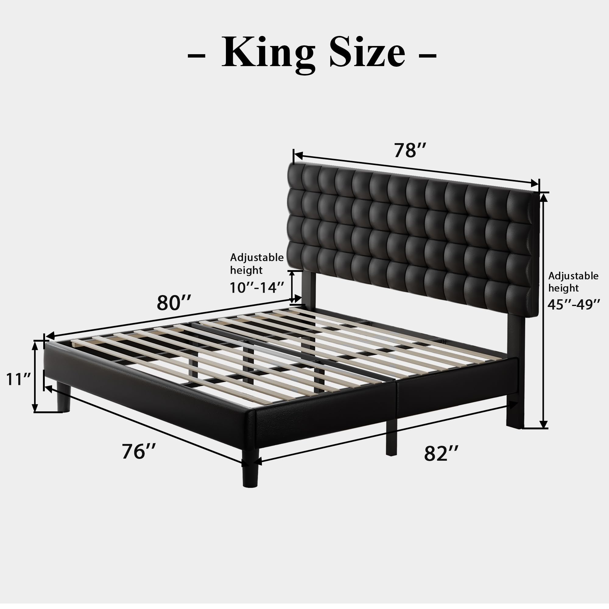 iPormis King Size Platform Bed Frame, Faux Leather Upholstered Bed Frame with Square Tufted Headboard, Wood Slats Support, No Box Spring Needed, Easy Assembly, Black