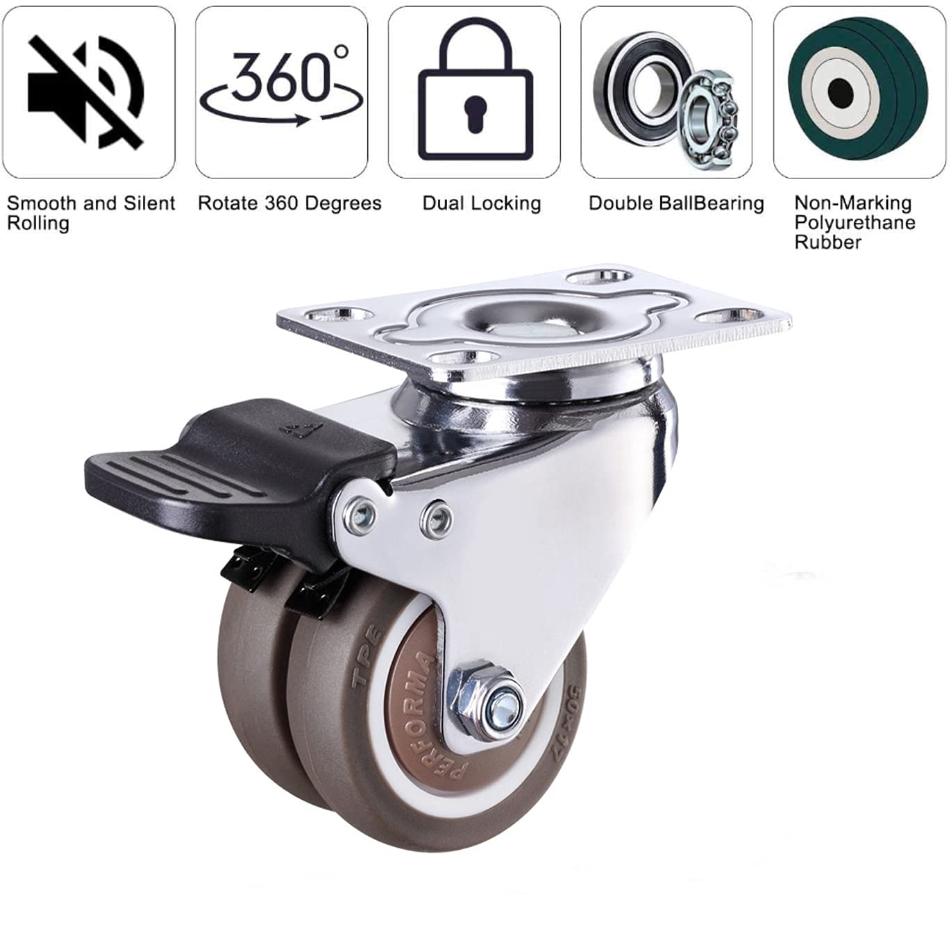 NERILEE 2'' Swivel Casters Wheels,Total Load 500Lbs Heavy Duty Double Row TPE Rubber Castors Wheels,Dolly Wheels for Moving Silent Furniture/Table/Trolley/Workbench