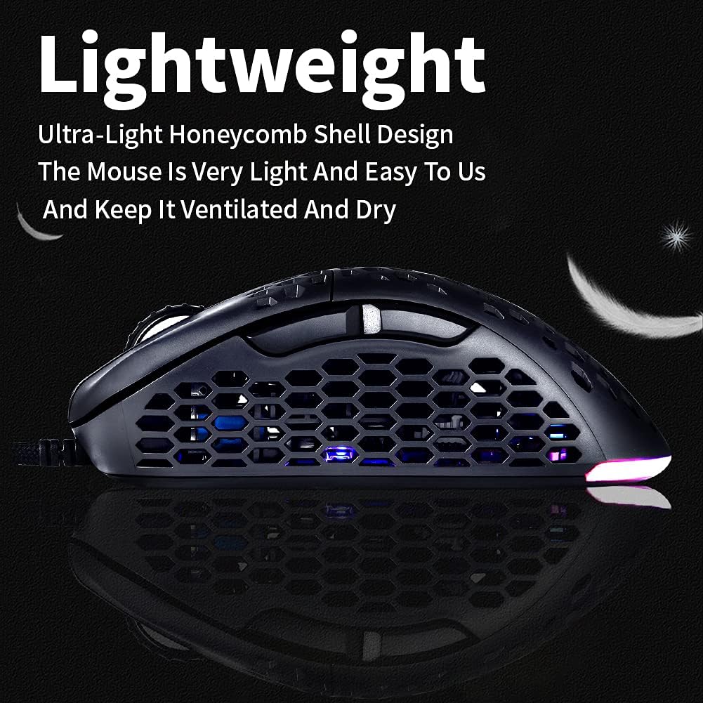 Lightweight Gaming Mouse, Honeycomb Design RGB Backlit Support Custom Buttons Maximum Support 12000DPI (Black)