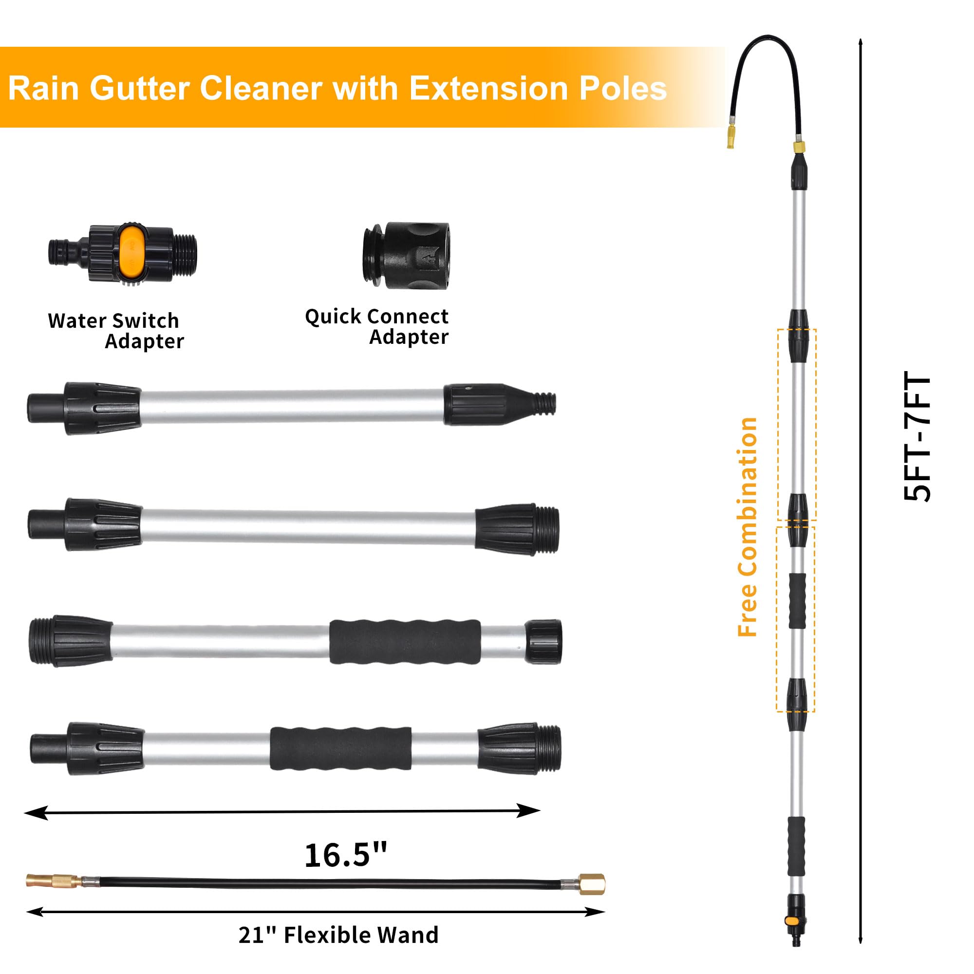 JooMoo Gutter Cleaning Tools from The Ground-Gutter Cleaner with Max 7FT Extension Wand,Gutter Cleaning Wand with Quick Connection Five Extension Gutter Cleaning Poles for Garden Hose