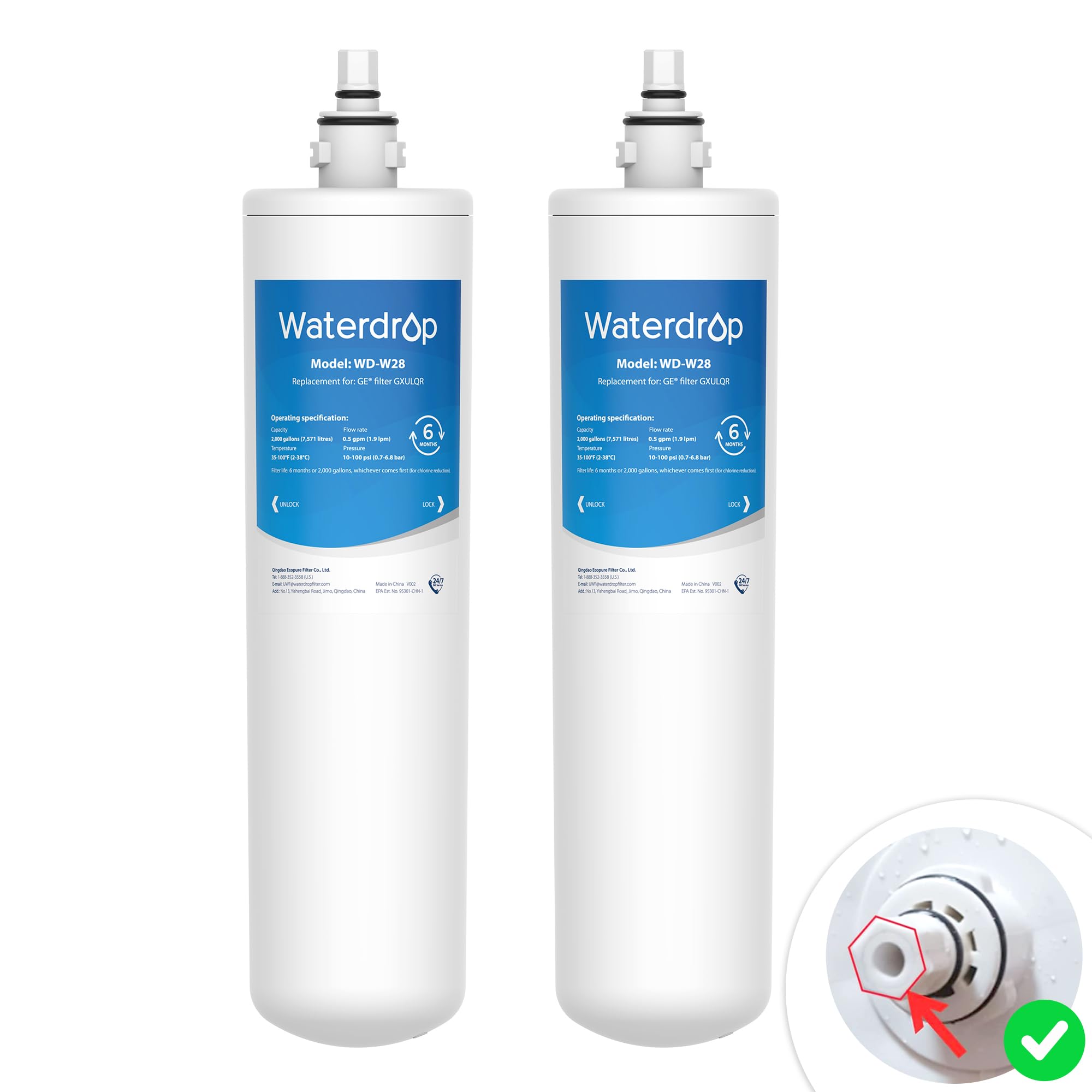 Waterdrop GXULQR Under Sink Replacement Filter, Replacement for Hexagonal Head GE SmartWater GXULQR, GXULQK and GXK140TNN, 2K Gallons (Pack of 2)