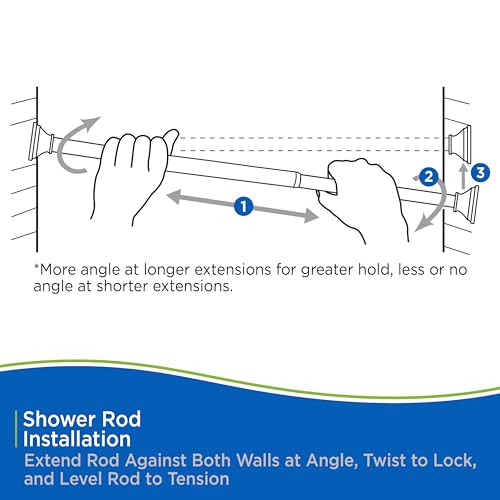 Kenney KN607C/10 Twist & Fit No Tools Camlock Tension Easy Install Stall Shower Curtain Rod with Non-Slip, Non-Scratch Ends, 24-40" Adjustable Length, White, 1" Diameter Rust Resistant Steel Tube