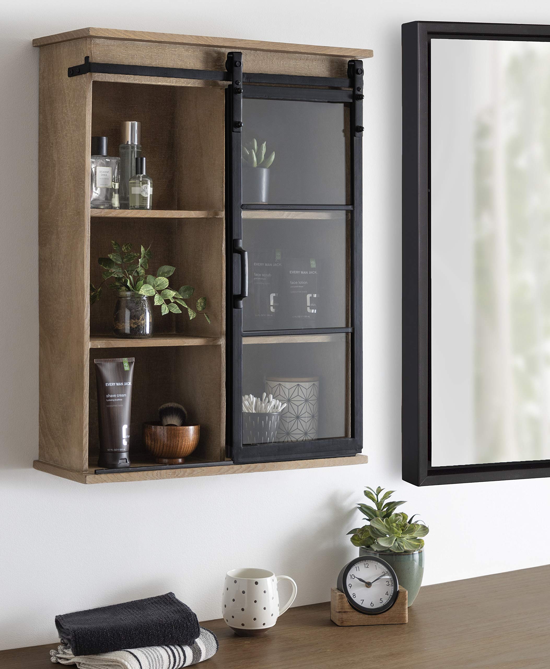 Kate and Laurel Barnhardt Decorative Wooden Wall Cabinet with Sliding Glass Door, 22" x 28", Rustic Brown, Barndoor Modern Farmhouse Storage