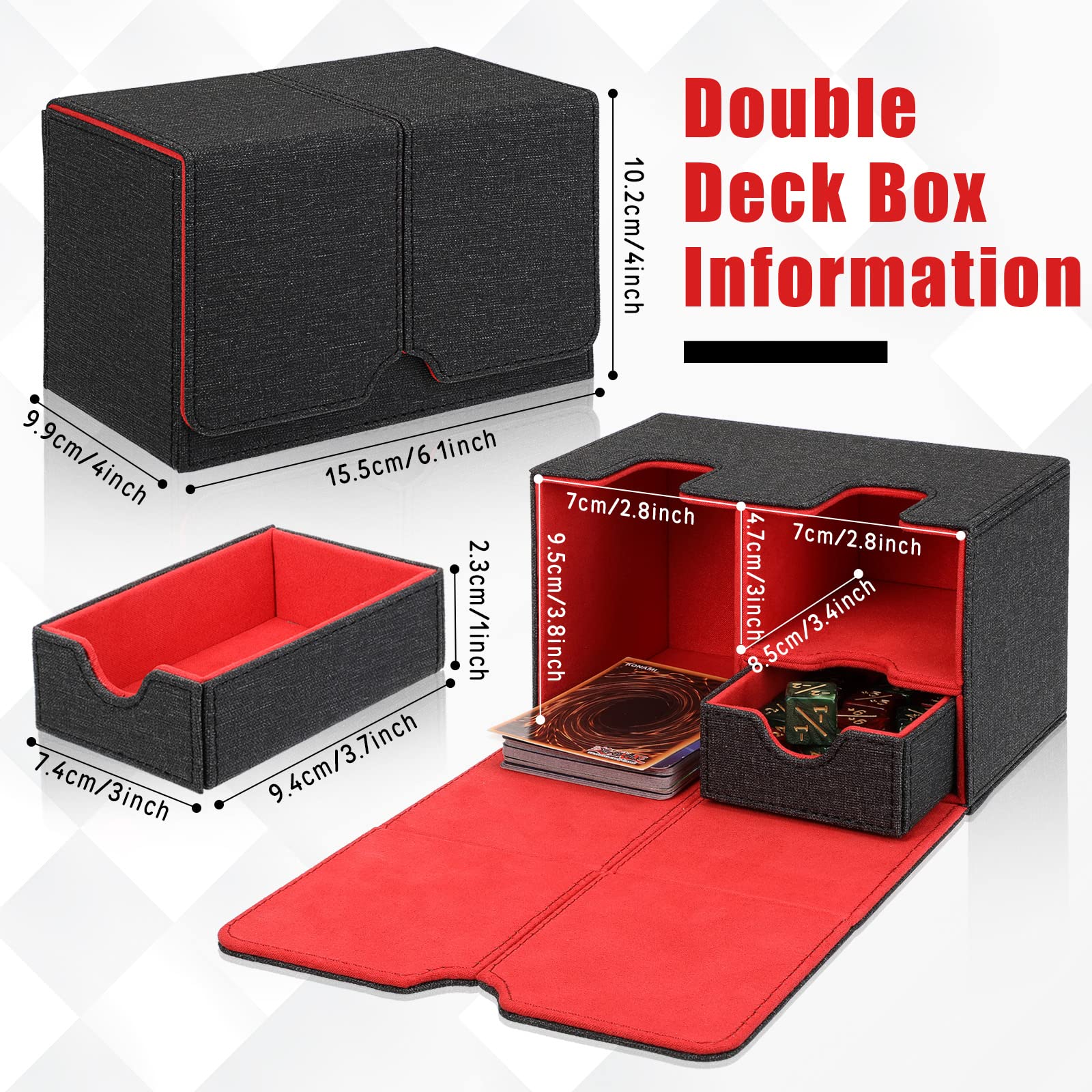 Silkfly Deck Card Boxes Double Sleeved Compatible with MTG TCG CCG Decks Flip Storage Card Deck Carrying Case with Dice Tray Deck Holder for over 200 Trading Cards(Black Red)