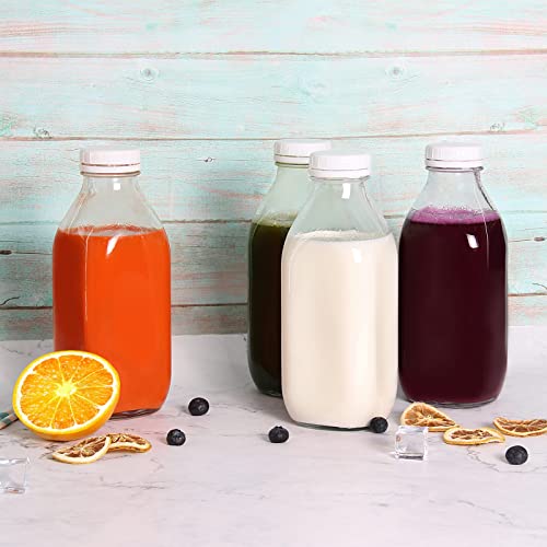 YEBODA 32oz Glass Milk Bottle with Plastic Tamper-proof Caps (4 Pack) Vintage Reusable Dairy Drinking Containers, Glass Bottles for Milk, Juice,Yogurt, Smoothies, Tomato Sauce, Jam, Syrup