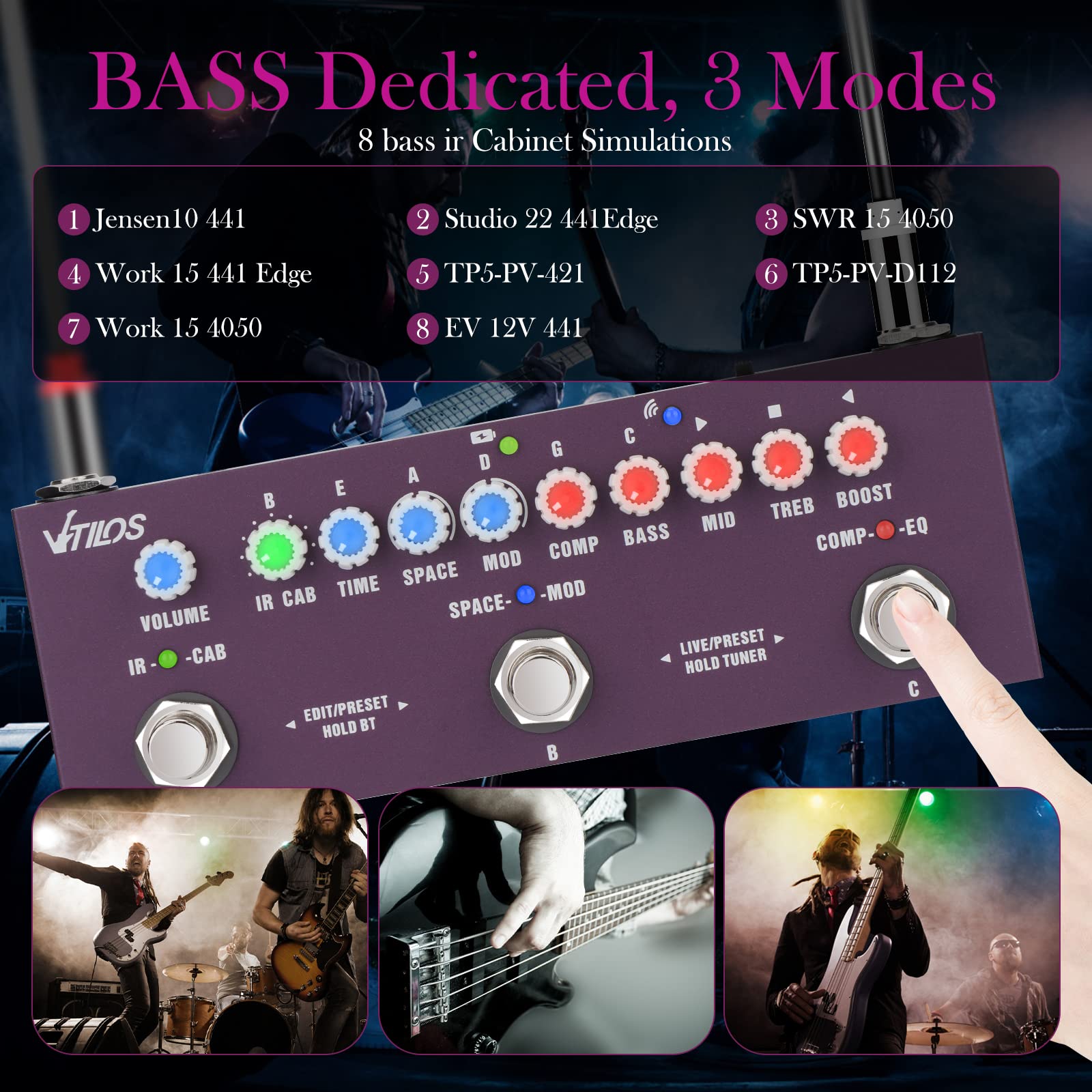 Pro Multi Electric Bass Effect Pedal,8 Classic Bass IR Cabinet Simulations, Real Time Function, 3 Sets Of Timbres, Chorus Phaser Delay and Reverb effect Pedal, BT Wireless Recording