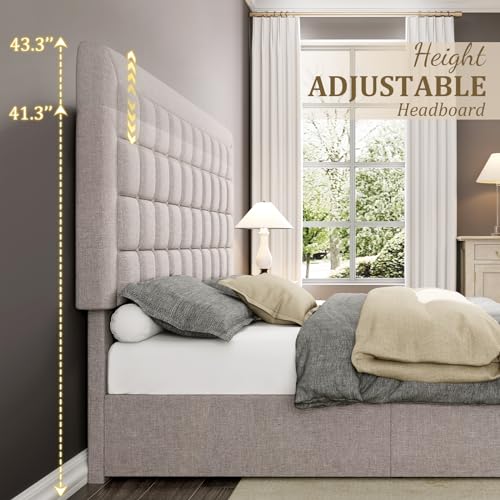 Jocisland Floating Queen Bed Frame with LED Lights, Upholstered Platform Bed with Adjustable Headboard, No Box Spring Needed, Easy Assembly, Light Grey