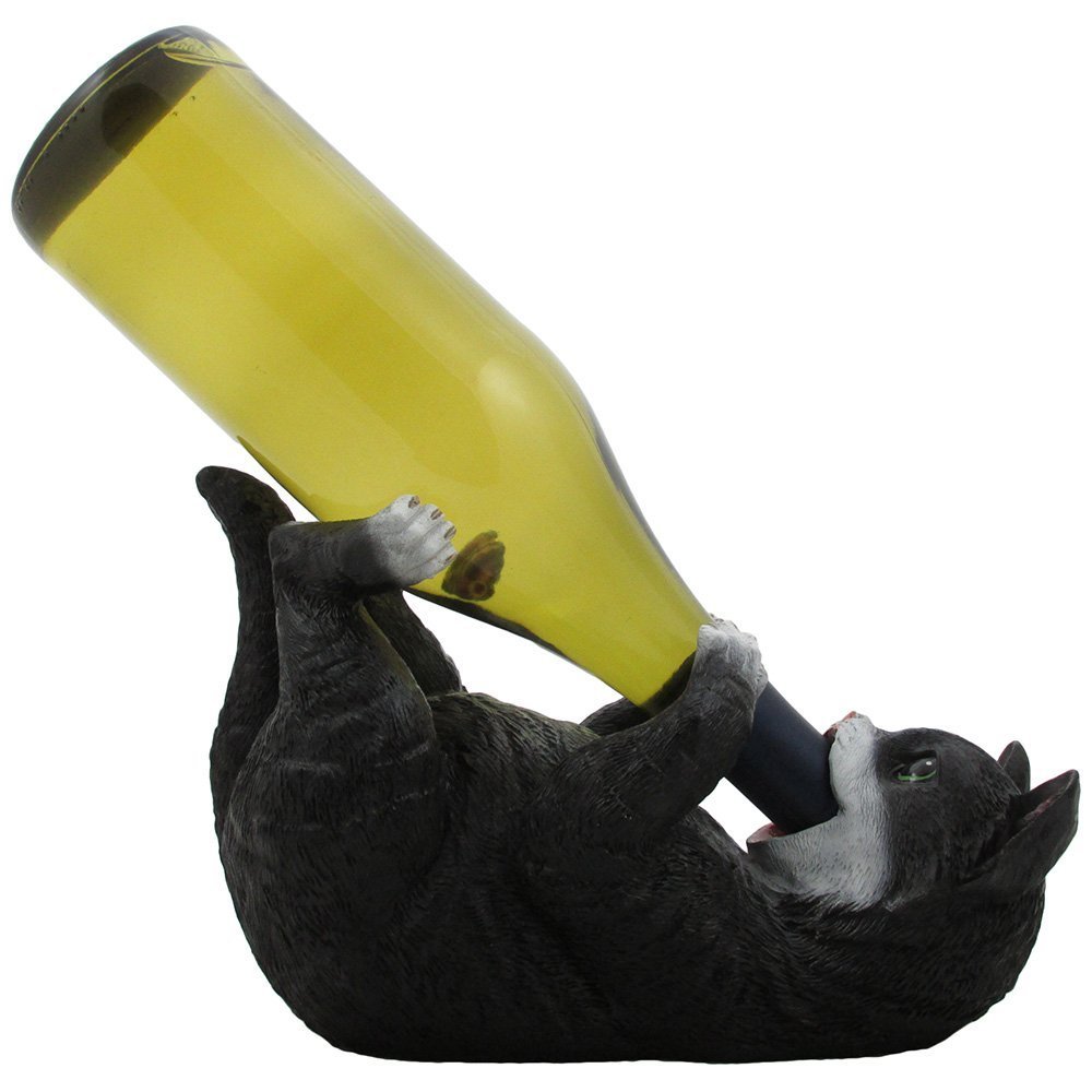 Playful Black & White Kitty Cat Wine Bottle Holder Sculpture for Decorative Tabletop Wine Racks and Stands or Kitten Statues & Pet Figurines As Gifts for Cat Lovers