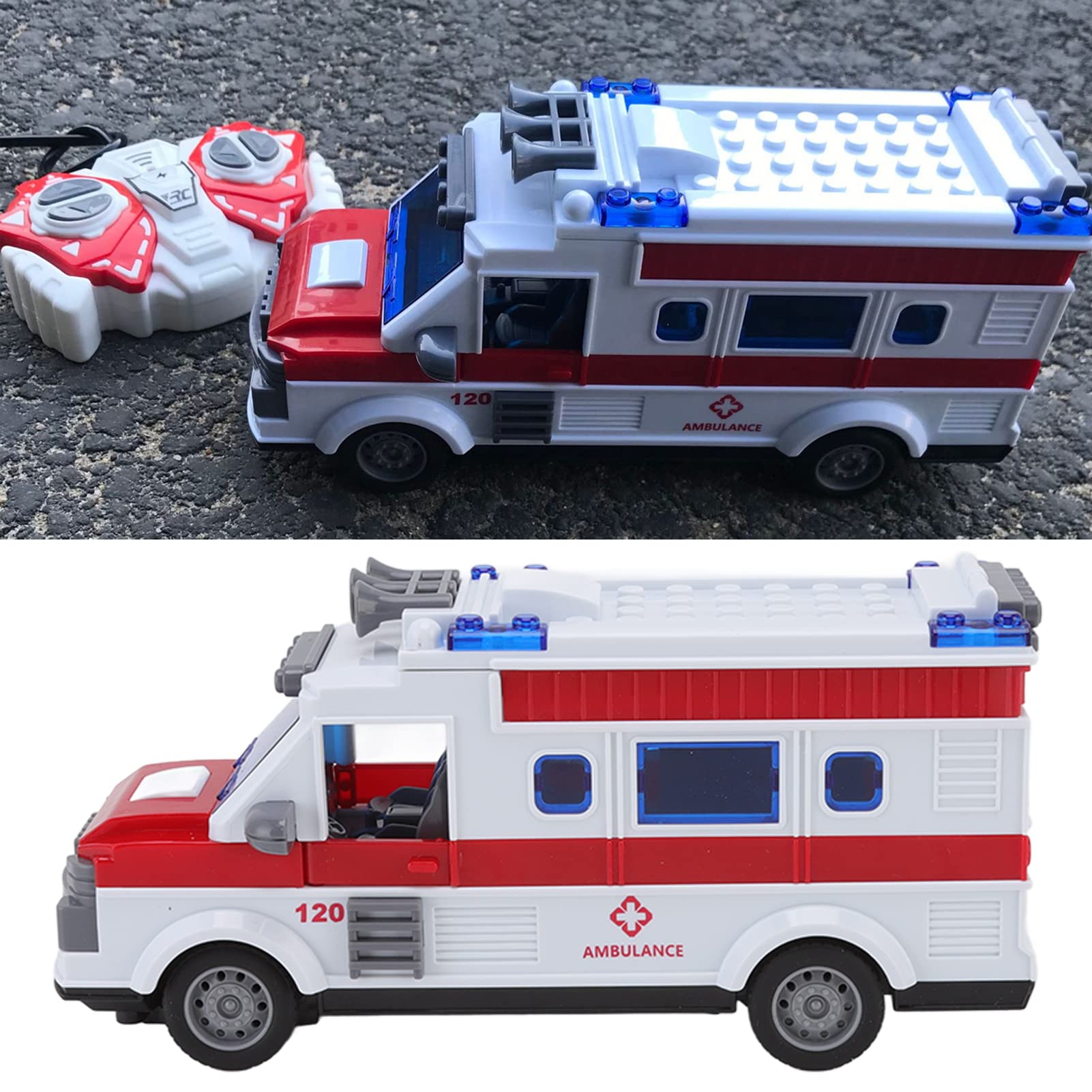 Shanrya Four Way Remote Control Ambulance with Wheel Flexible Light RC Ambulance Toy for Beach Grass Dirt