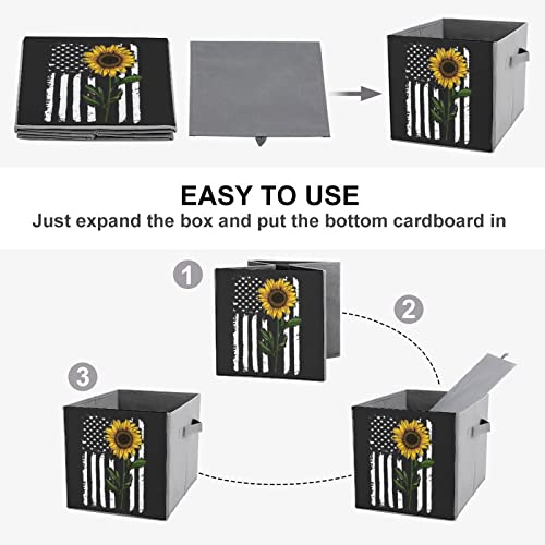 Sunflower American Flag Collapsible Storage Bins Basics Folding Fabric Storage Cubes Organizer Boxes with Handles