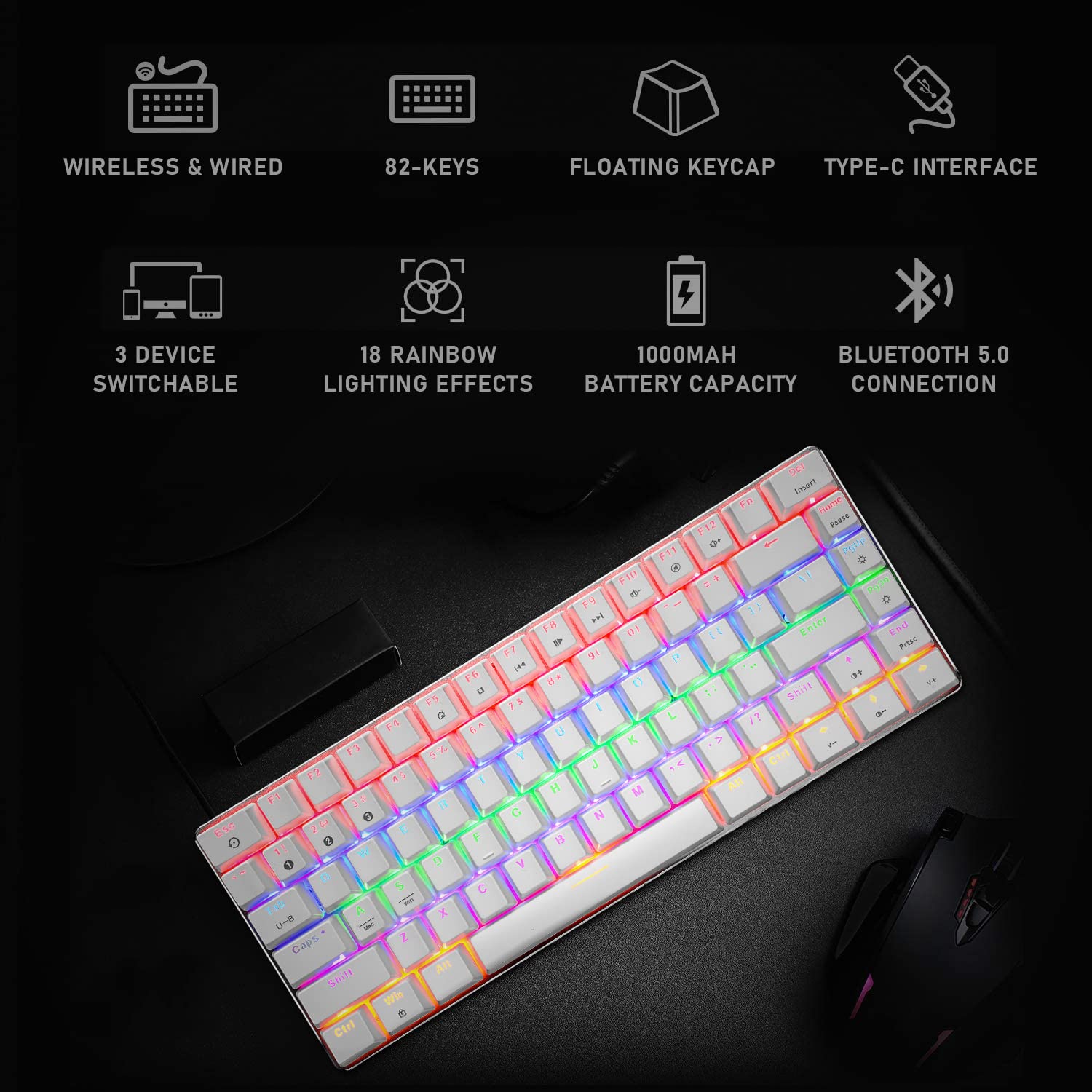 LexonElec Wireless Mechanical Keyboard,Two Mode BT5.0/USB-C 82 Keys Bluetooth Mechanical Keyboard,Rainbow LED Backlit,Compact Gaming Keyboard for Windows Mac PC Gamer(White)