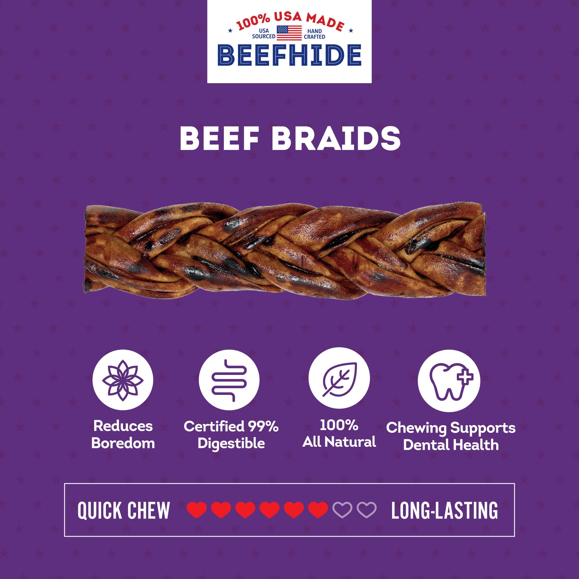 Treatly USA Beefhide Braids 7-8" Dog Chew Treats - Beef Flavor, 6 Count/1 Pack
