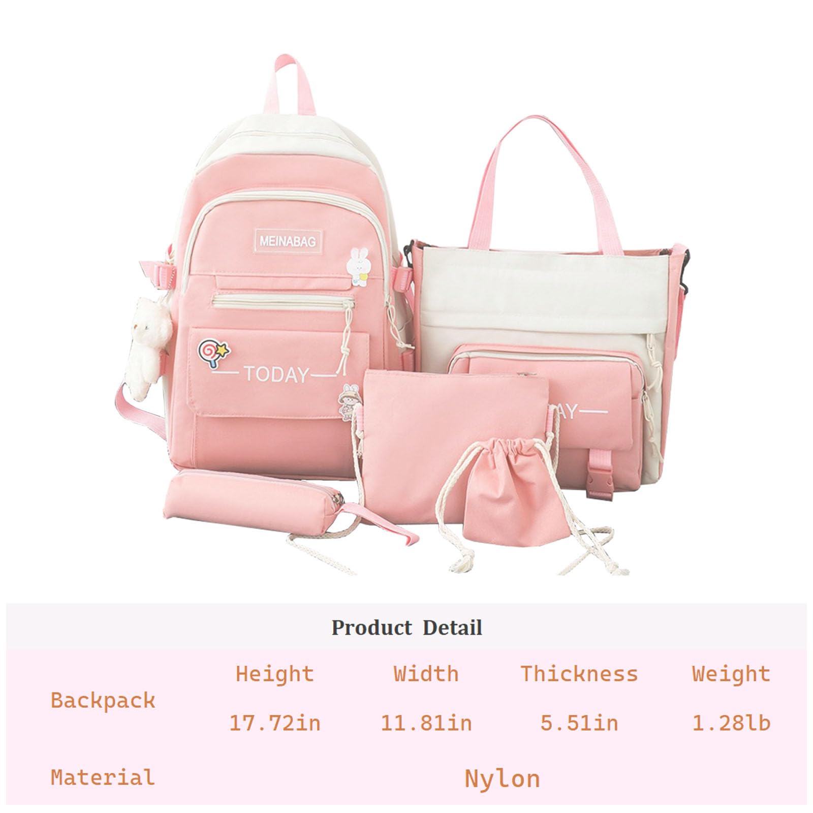 Josfey 5Pcs Kawaii Backpack Cute Backpack Aesthetic Backpack Preppy Backpack SetKawaii School Supplies with Accessories (Black)