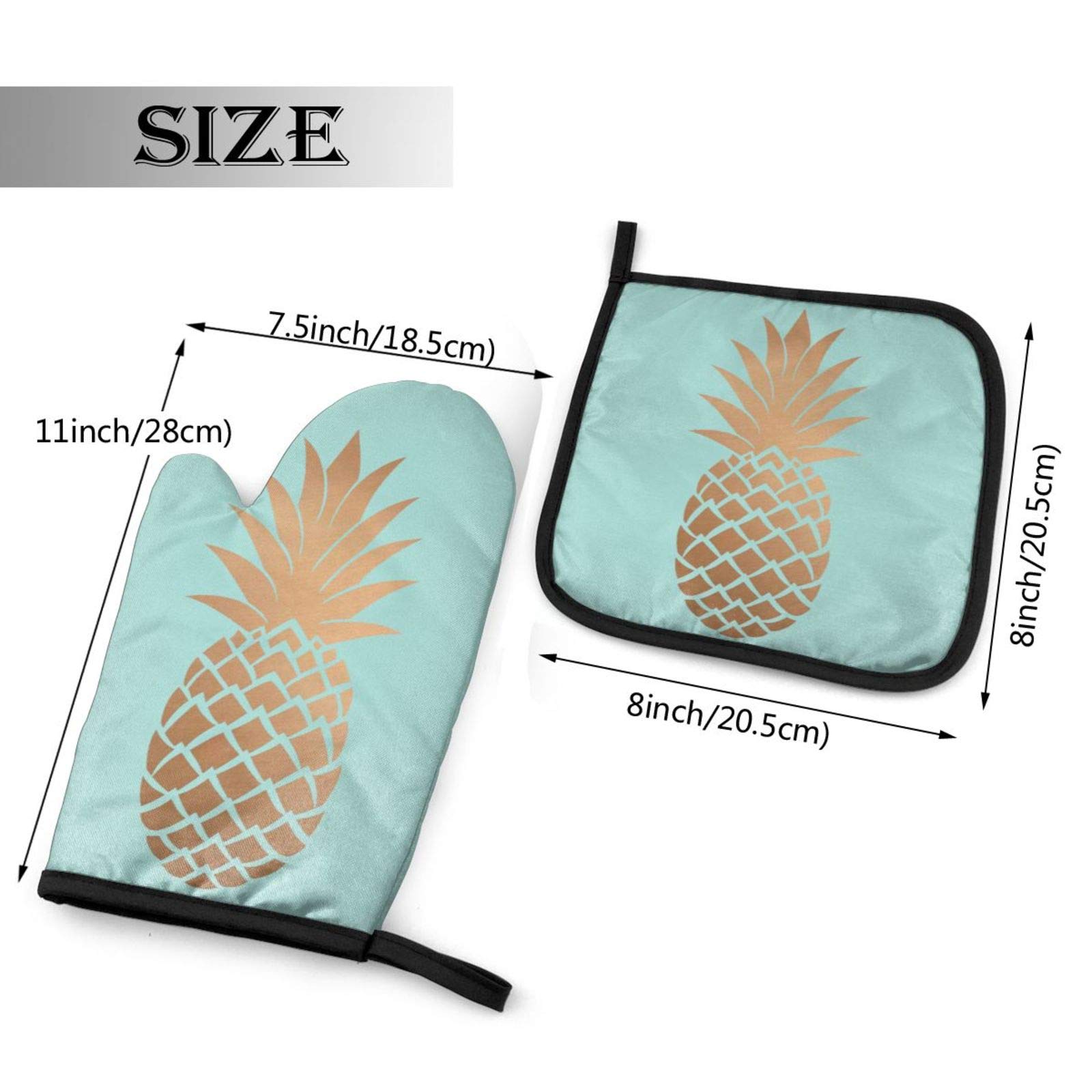 MSGUIDE Gold Pineapple Mint Green Oven Mitts and Pot Holders, 356℉ Heat Resistant Oven Gloves Soft Cotton Lining Gloves for Kitchen, Cooking, Baking, Grilling, BBQ