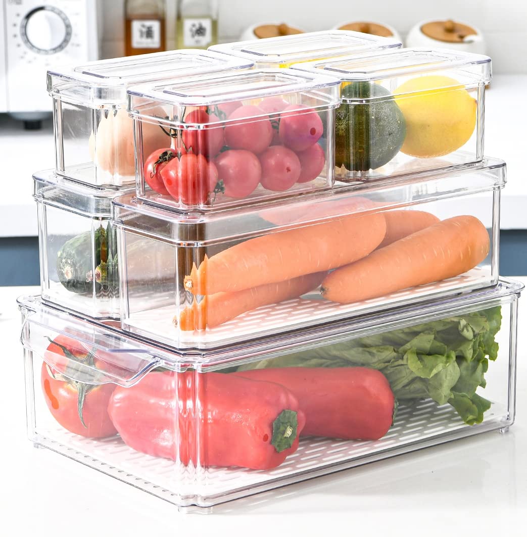 Plexel Refrigerator Organizer Bins, Fridge Organizer, Clear Plastic Food Storage Containers, Contenedores Para Organizar Cocina, Pantry Organization And Storage, with Removable Drain Tray. (7)