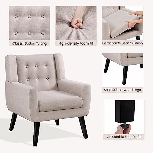 Yaheetech Accent Chair, Modern Button Tufted Armchair, Linen Fabric Sofa Chairs for Living Room Bedroom, Mid-Century Comfy Reading Chair, Beige