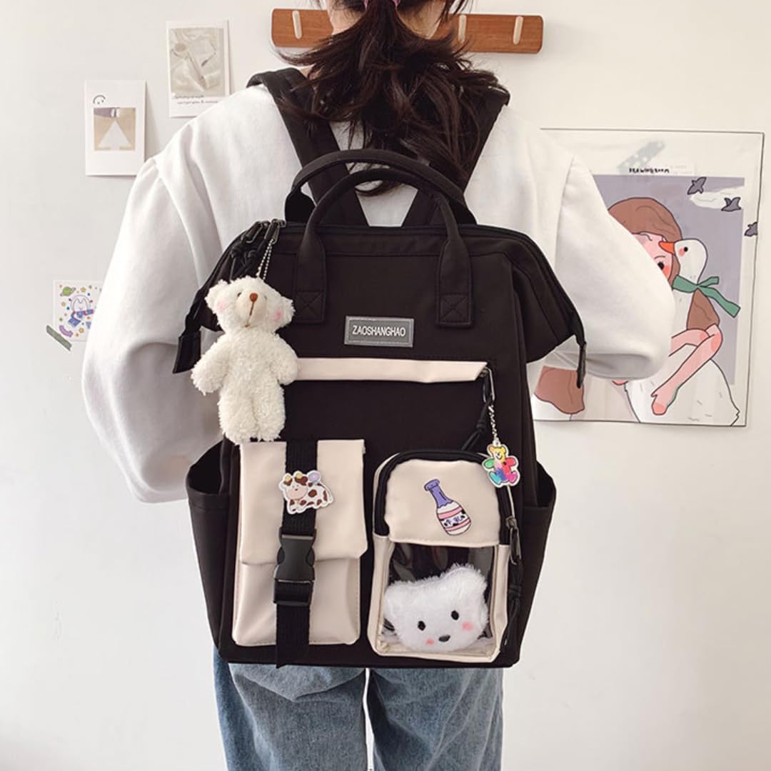 josfey Kawaii Backpack Cute Backpack Aesthetic Backpack Preppy Backpack Kawaii School Supplies with Accessories and 2Pins (Black)