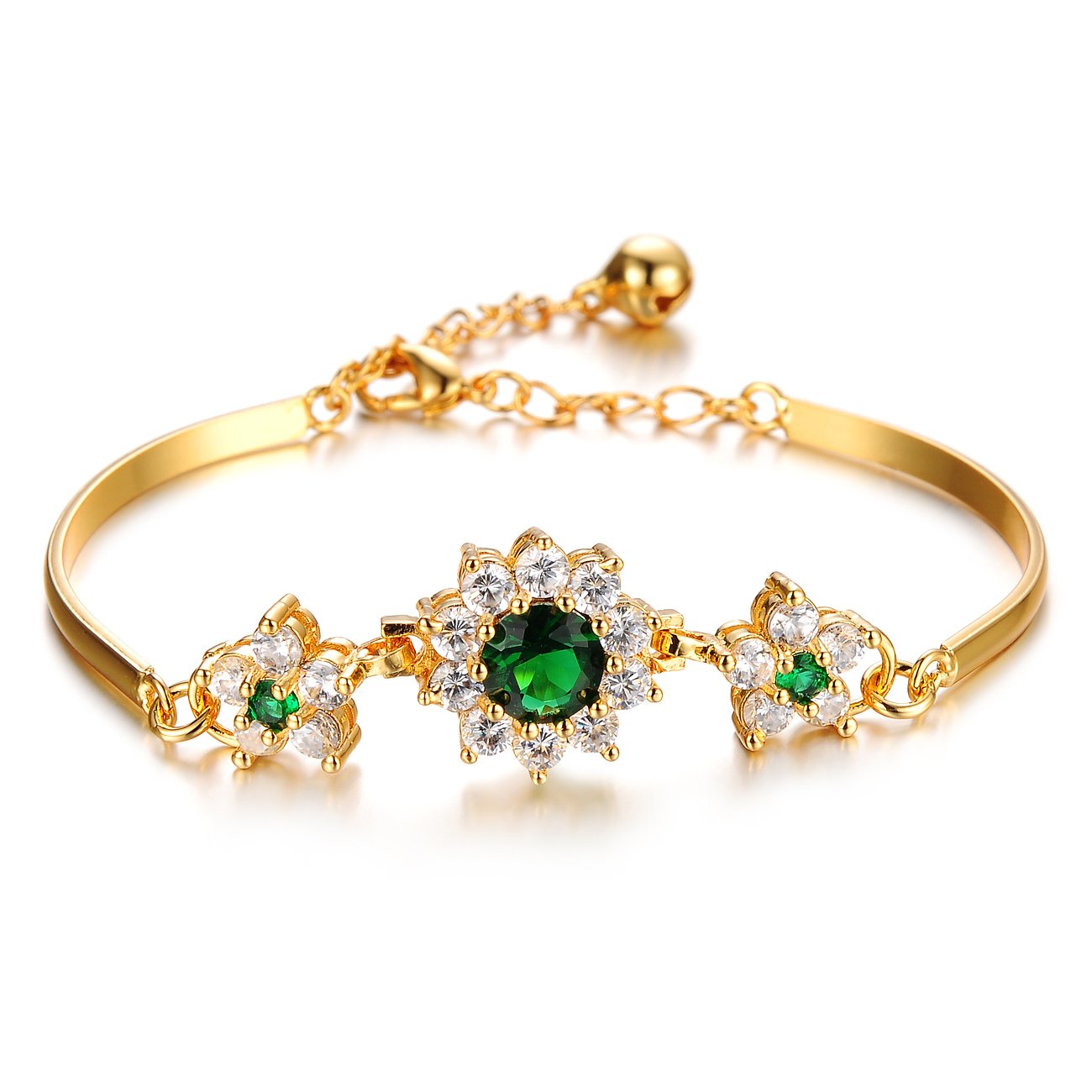 L & J 18k Yellow Gold Sparkling Green Rhinestone Halo Diamond Cut AAA CZ Flower Bangle Bracelet for Women