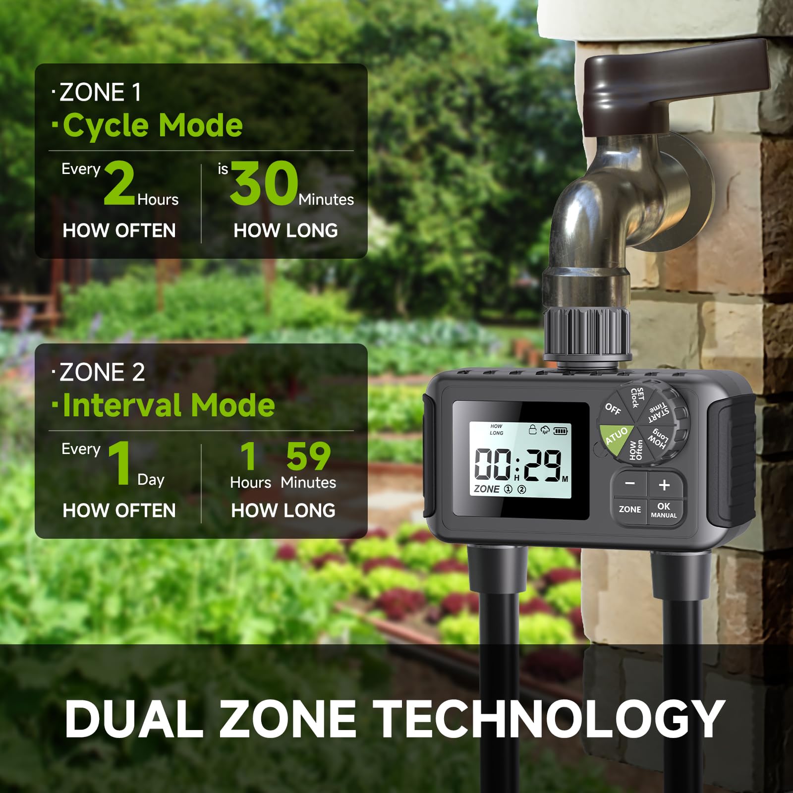 Sprinkler Timer for Garden Hose,2 Zone Water Timer for Garden with Rain Delay Faction,Manual/Automatic Irrigation Water Faucet Timer Outdoor, Programmable Sprinkler Timer for Yard Lawn