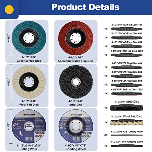 PRVEW 14PCS 4.5"x7/8β Flap Disc&Grinding Polishing Cutting Wheel Set, 8PC T29 Zirconia&Alumina Flap Disc 40 60 80 120Grit with Grinding and Cutting Wheel, Wool Felt Disc, Strip Disc for Angle Grinder
