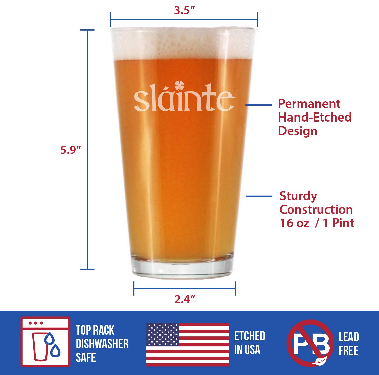 Slainte Irish Cheers - Pint Glass - Fun St Patricks Day Party Decor or Gifts - 16 Ounce