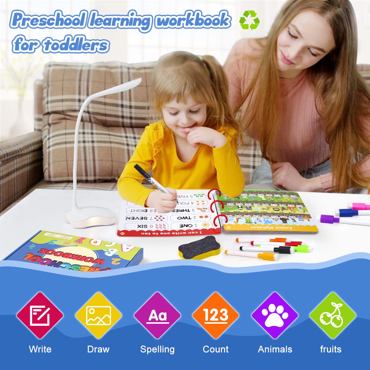 shirylzee Preschool Learning Activities for Kids, 6 Themes Prek Handwriting Practice Activity, Educational Montessori Toys for 3 4 5 6 Year Old Reusable Activity Mats with 2 Dry Erase Markers